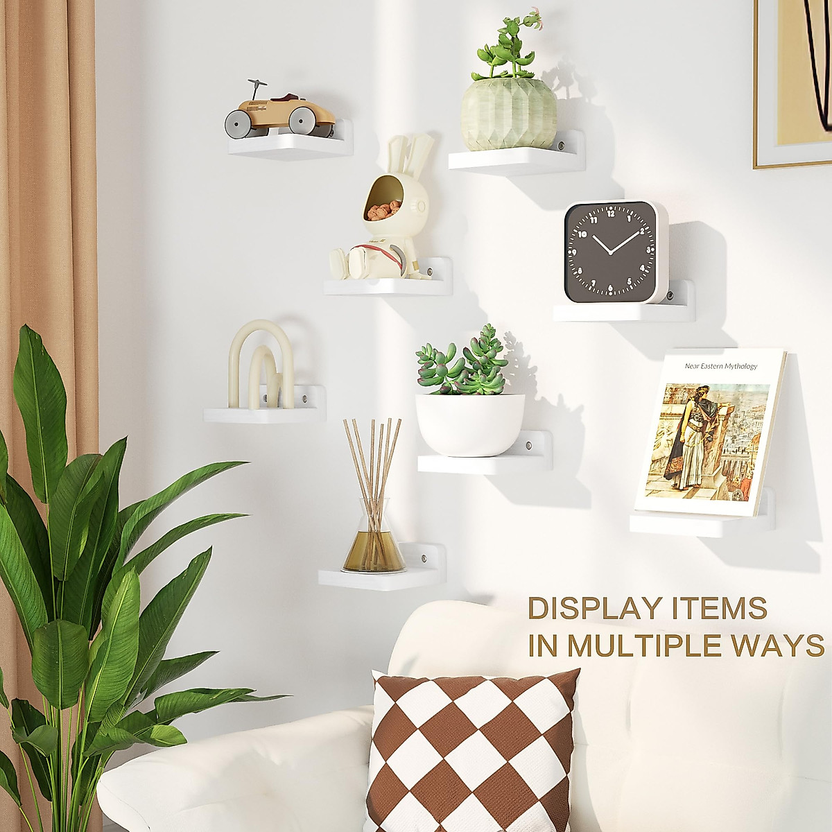 SRIWATANA Small Floating Shelves Wall Mounted, 4 Inch Wood Shelf for Decoration and Storage Set of 8, Mini Display Shelf for Bedroom, Bathroom, Kitchen, Office (White