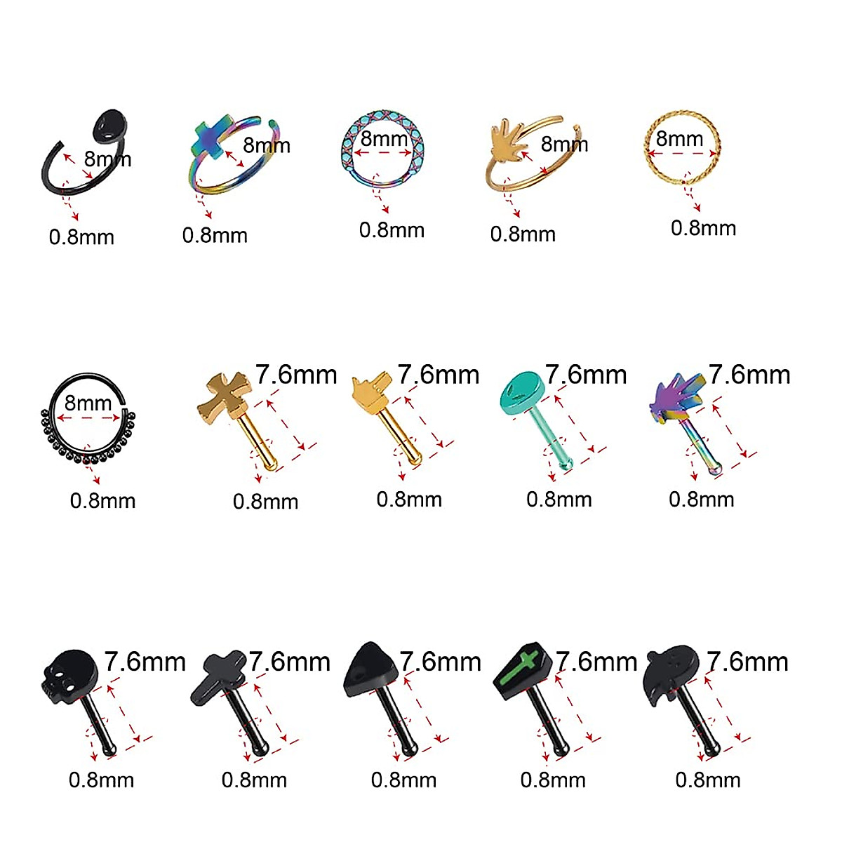 WASOLIE Stainless Steel Nose Rings Studs Piercing Jewelry Colorful Set Septum 20G For Women And Men Jewelry.