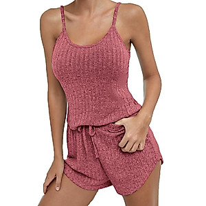 Verdusa Women's 2 Piece Pajama Sets Rib Knit Crop Cami Top and Shorts PJ Set Red S