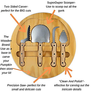 Creative Carving NEW 4 Piece Pumpkin Carving Kit with Woode Case: (Plus Pumpkin Carving Stencil E-Book) Sturd Stainless Steel and Wood Handled Carving Tools | Crafted for Safety and Efficiency