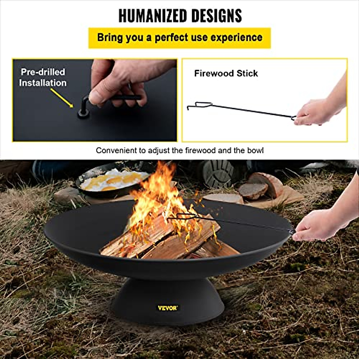 VEVOR Fire Pit Bowl, 30-Inch Deep Round Cast Iron Fire Bowl, Wood Burning for Outdoor Patios, Backyards & Camping Uses, with A Stable Bowl Designed Base and A Firewood Stick, Black