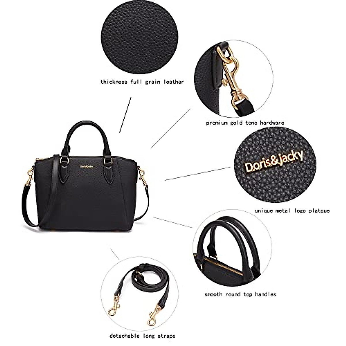 Satchel Handbags For Women Genuine Leather Shoulder Tote Handbags With Adjustable Strap (Black)