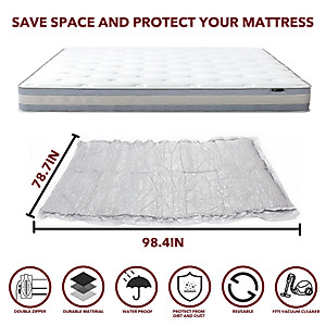 Queen/Full/Full-XL Mattress Vacuum Bag for Moving and Storage, Vacuum Seal Compression Bag for Queen and Full Size Mattresses, Heavy Duty Mattress Bag for Storage, with Sealing Clip and 5 Straps