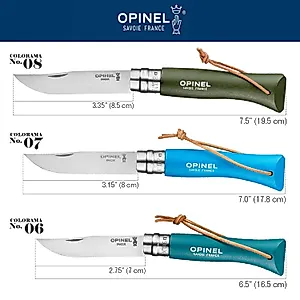 Opinel Colorama Series No. 8 - Stainless Steel Everyday Carry Folding Pocket Knife with Leather Strap, Painted Hornbeam Handles, Deep Blue