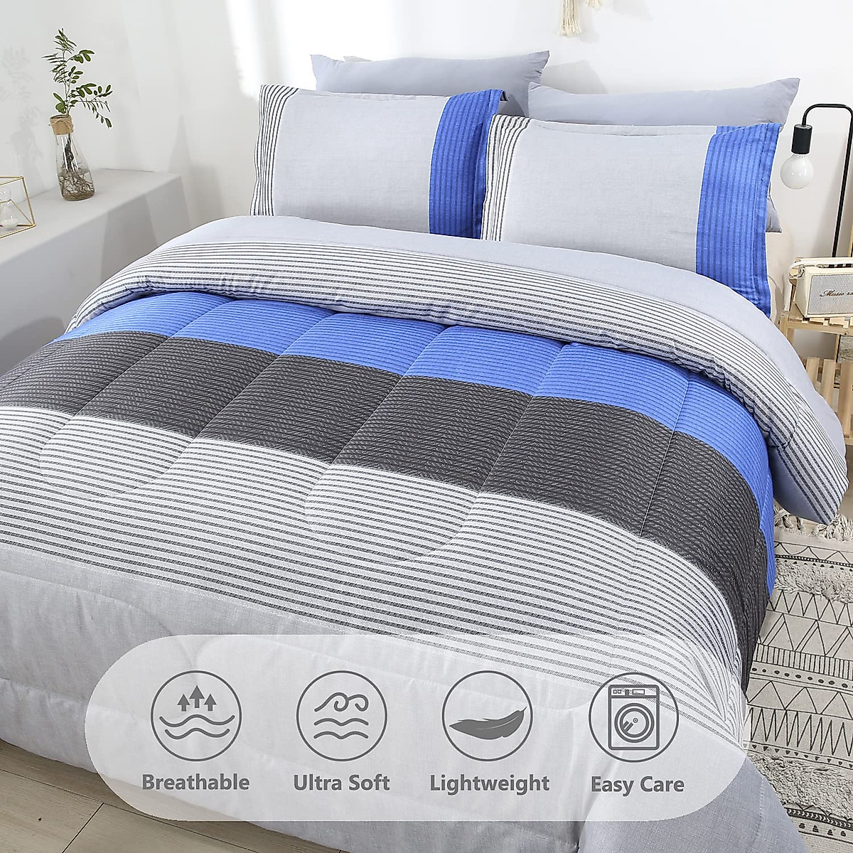 PERFEMET Blue Striped Comforter Set Twin Size - (1 Twin XL Comforter, 2 Pillowcases), Super Soft Lightweight Patchwork Bedding Set, Reversible Down Alternative Comforter Set for Teens Boys Girls