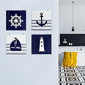 4 Pieces Nautical Wall Decor Anchor Ship Wheel Sailboat Lighthouse Wooden Sign Rustic Beach 3D Wood Print Sign Beach Bathroom Wooden Plaque Decor Ocean Coastal Theme Ocean Decor (Dark Blue, White)