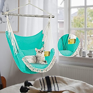 Hammock Swing Chair, Hanging Chair with Pocket, Detachable Steel Support Bar, 500lbs Capacity, Cotton Weave Hammock Chair, 2 Soft Cushions Indoor and Outdoor Green