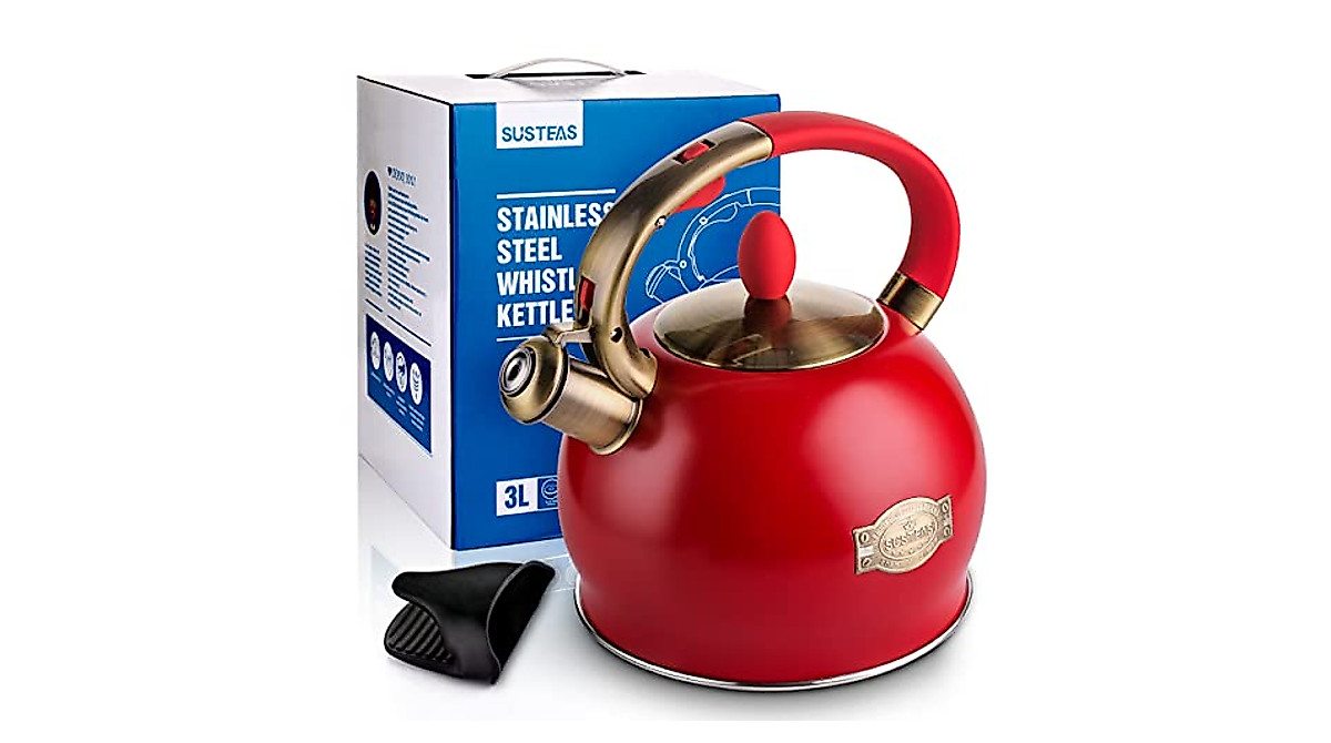 SUSTEAS 2.64Qt Whistling Tea Kettle - Red & Ergonomic Handle