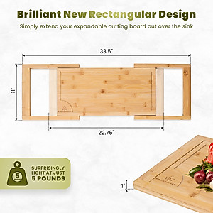 [2024 UPGRADE] Kindled Ivys Expandable Bamboo Wooden Over The Sink Cutting Board - Extra Large XXL Expands Over Kitchen Sink to 33.5x11". Natural Bamboo, Serving Tray with Juice Groove