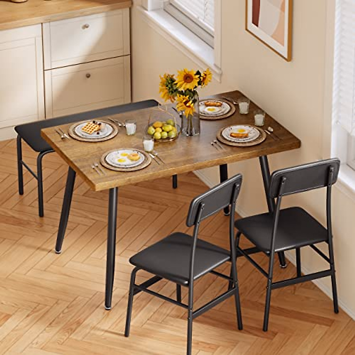 Gizoon Dining Table Set for 4, Kitchen Dining Table with Bench and 2 Chairs for Small Space, Apartment, Retro Brown