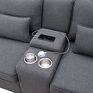 Multifunctional Modular Linen Upholstered Sectional Sofa Couch with Storage Consloe,Cupholders, USB Charging Ports and Wired & Wirelessly Charged for Home Office Apartment Living Room Furniture Sets