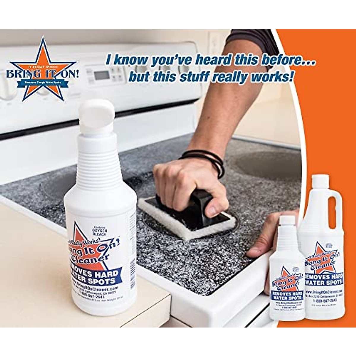 Bring It On Auto Glass Spot Cleaner and Remover 16 oz, Remove Water Spots from Windshields, Rims, Bumpers, Headlights, Remove Water Marks from Headlights. Contains Oxygen Bleach for Added Power