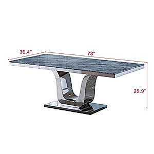 78'' Marble Dining Room Table for 6 or 8, Dining Table with Silver Stainless Steel "U" Shaped Pedestal, Rectangular Kitchen Table with 0.71'' Thick Gray Marble Tabletop, Mirror Finish Base(No Chairs)