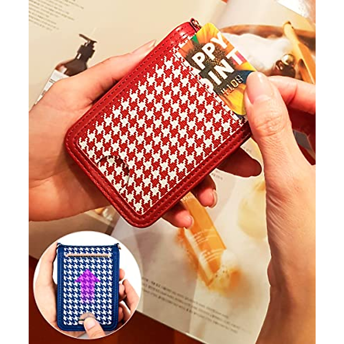 Qoosan Galaxy Z Flip 3 5G Case (2021) Pattern Leather Cover with Card Holder Wallet Hinge Protector Bling Metal Chain Wrist Strap Protective Phone case for Women, Navy Blue