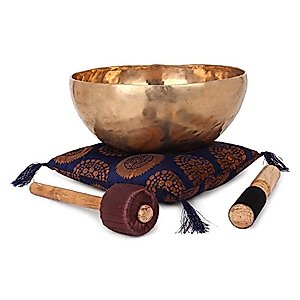 Devyom Himalayan Sound Healing Singing Bowl Meditation Hand Hammared Plain Golden Bengali Bowls With Cushion Striker And Drum Stick Size Dia 28 Cm