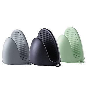 3PCS Mini Oven Gloves Silicone Oven Mitts Heat Resistant Silicone Potholders for Kitchen Cooking & Baking, Mini Oven Mitts Silicone Oven Clips (Grey+Black+Green)