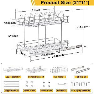 FULGENTE Pull Out Cabinet Drawer Organizer for Lid Cookware 11" W x 21" D 2 Tier Slide Out Kitchen Shelves Storage for Pots and Pans Roll Out Pot Top Shelf for Cabinet Wire Frame Chrome Finish