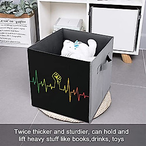 Black Heartbeat Fist Canvas Collapsible Storage Bins Cube Organizer Baskets with Handles for Home Office Car