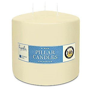 HYOOLA Ivory Three Wick Large Candle - 6 x 6 Inch - Unscented Big Pillar Candles - 146 Hour - European Made