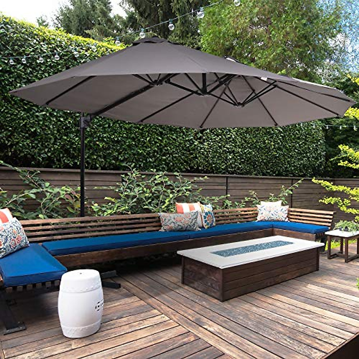 Outsunny 14ft Patio Umbrella Double-Sided Outdoor Market Extra Large Umbrella with Crank, Cross Base for Deck, Lawn, Backyard and Pool, Grey