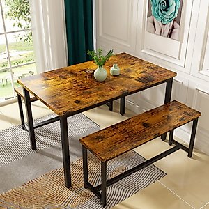 AWQM Dining Room Table Set, Kitchen Table Set with 2 Benches, Ideal for Home, Kitchen and Dining Room, Breakfast Table of 47.2x28.7x28.7 inches, Benches of 41.3x11.8x17.7 inches, Industrial Brown