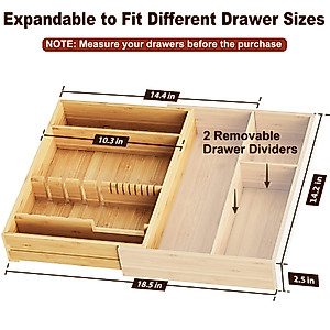ULG Expandable Bamboo Kitchen Drawer Organizer, Adjustable Cutlery Tray Silverware Organizer with Removable Drawer Dividers, Drawer Dividers Organizer for Silverware, Kitchen Utensils, Office Storage