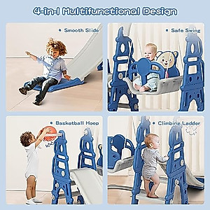 Elesuli 4in1 Toddler Swing and Slide Set Kids Indoor Slide Swing Climber with Basketball Hoop Kid Child Playset Inside Playground Birthday Outdoor Backyard Blue
