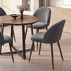 INO Design 5-Pieces Modern 35'' Inch Round Wooden Dining Table Set for 4 Comfortable Velvet Chairs, Space Saving Kitchen Furniture, Small Apartment Coffee Table Set (Grey)