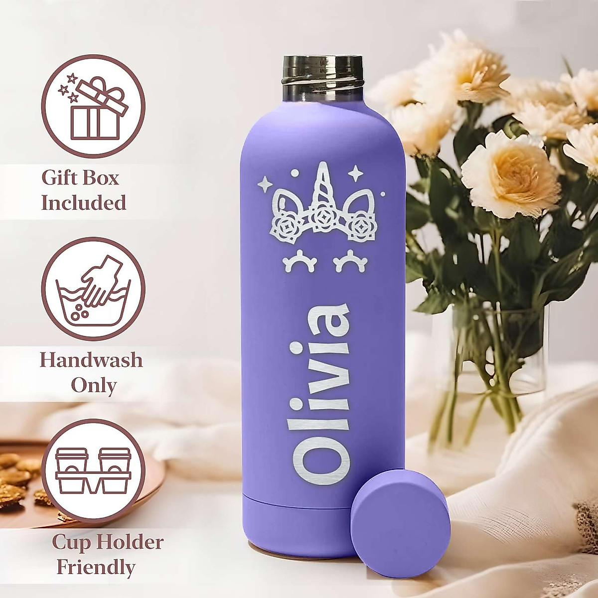 Custom Personalized Your Name and Girl Logo Engraved Insulated Stainless Steel Water Bottle Tumbler Cap Lid 17 oz. Customized Gift for Kids, Toddler, Children, Teens BPA Free