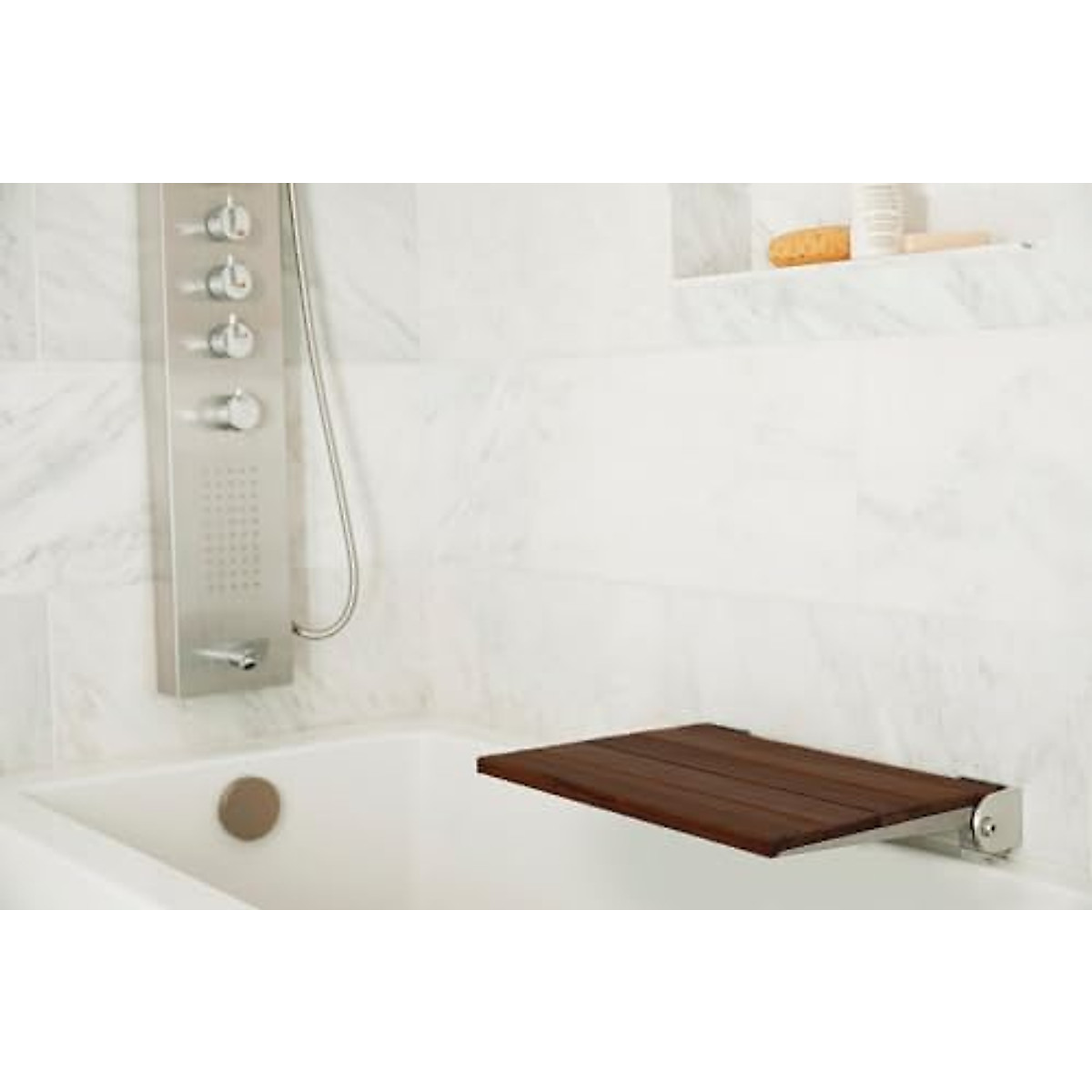 Seachrome 18 inch Silhouette Slimline Folding Wall Mount Shower Bench Seat, Natural Ash Wood Thermacor Seat with Silver Frame