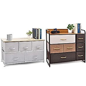 CERBIOR Wide Drawer Dresser Storage Organizer 5-Drawer 7-Drawer Closet Shelves, Sturdy Steel Frame Wood Top with Easy Pull Fabric Bins for Clothing, Blankets