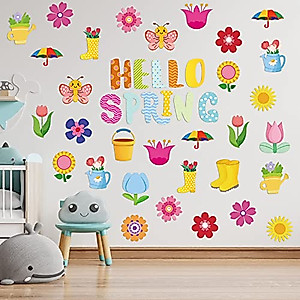 68 Pcs Hello Spring Cut Outs with 100 Pcs Glue Points Spring Floral Cut Outs Spring Bulletin Board Set Flower Plants Spring Cutouts Bulletin Board Decorations for Classroom School Game (Fresh Style)