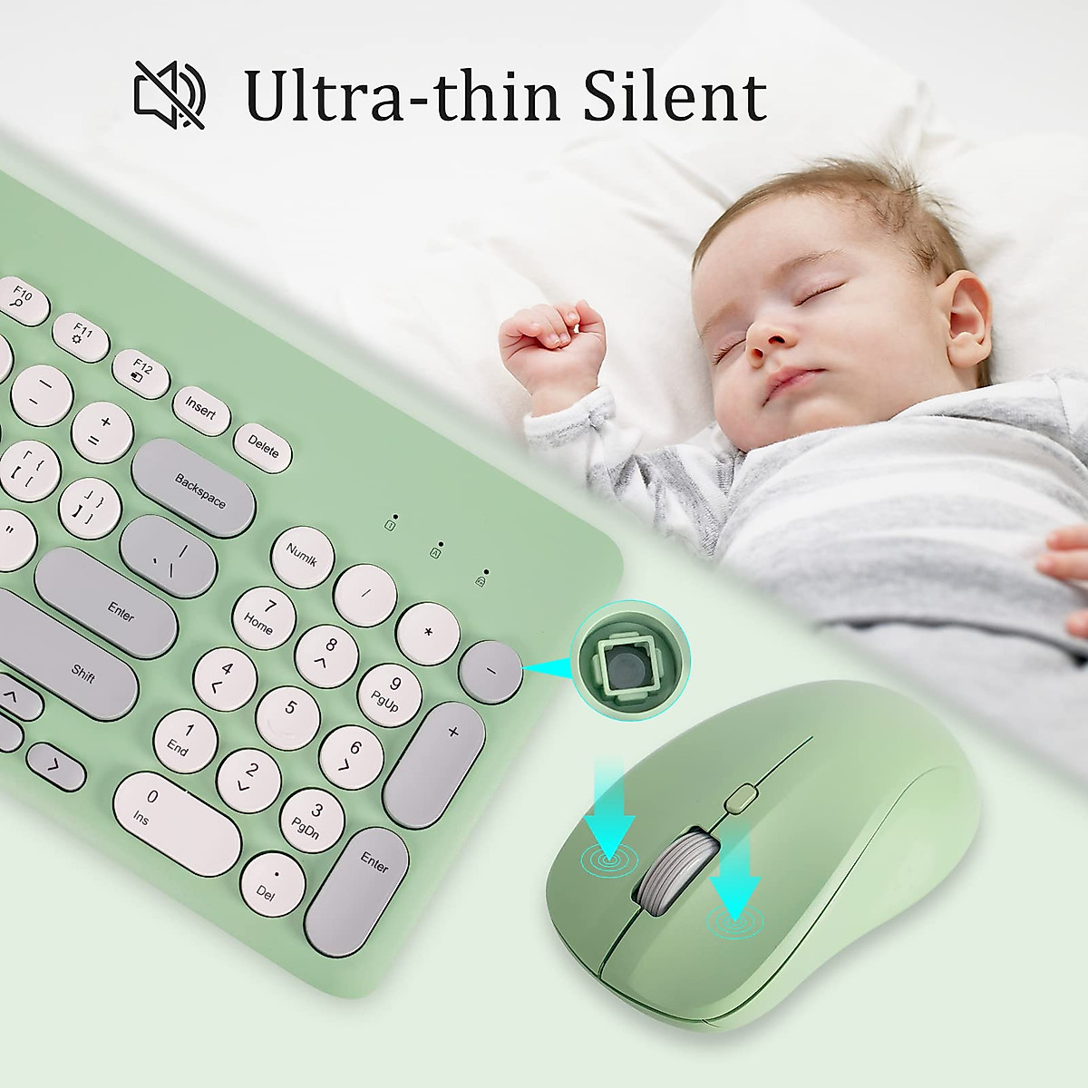 Arcwares Wireless Keyboard and Mouse Combo, Sweet Green Cute Keyboard, 2.4G USB Ergonomic Full-Sized Mute Keyboard for Computer, Laptop, PC Desktops, Mac