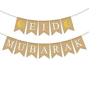 Jute Burlap Eid Mubarak Banner with Moon and Star Ramadan Home Mantel Fireplace Decoration