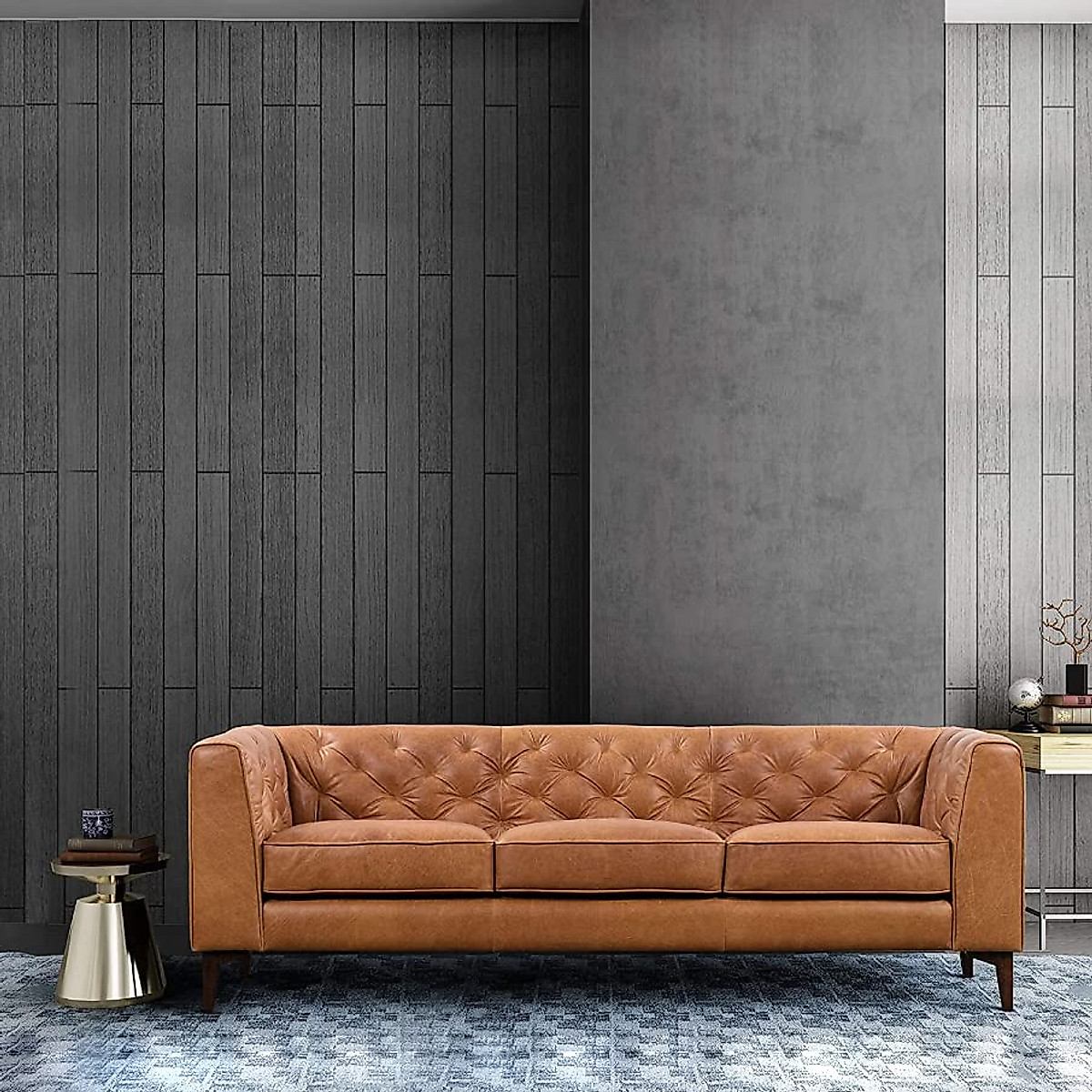 POLY & BARK Essex Leather Couch – 89-Inch Leather Sofa with Tufted Back - Full Grain Leather Couch with Feather-Down Topper On Seating Surfaces – Vintage Pure-Aniline Italian Leather – Cognac Tan