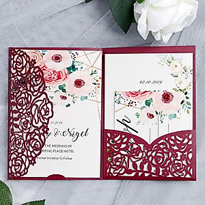 YIMIL 20 Pcs 5.12 x 7.21 inch Tri-fold Laser Cut Wedding Invitation Pocket for Wedding Quinceanera Bridal Shower Baby Shower Party Invite (Burgundy)