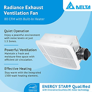 Delta Breez Radiance Exhaust Bathroom Fan 80 CFM Energy Efficient Quiet Operation Brushless Motor with Built-In Thermostat Heater, White