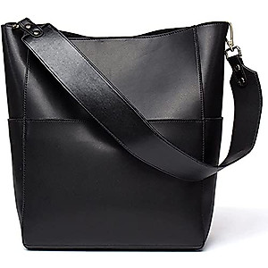Seammer Genuine Leather Bucket Handbags for Women Large Designer Hobo Shoulder Handbag Purse Black