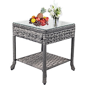 Generic Wicker Patio Side Table with Top - Multipurpose Outdoor End Table for Balcony, Porch, and Backyard Settings with 2-Tier Storage Shelf (Glass Top), Grey, BZ001