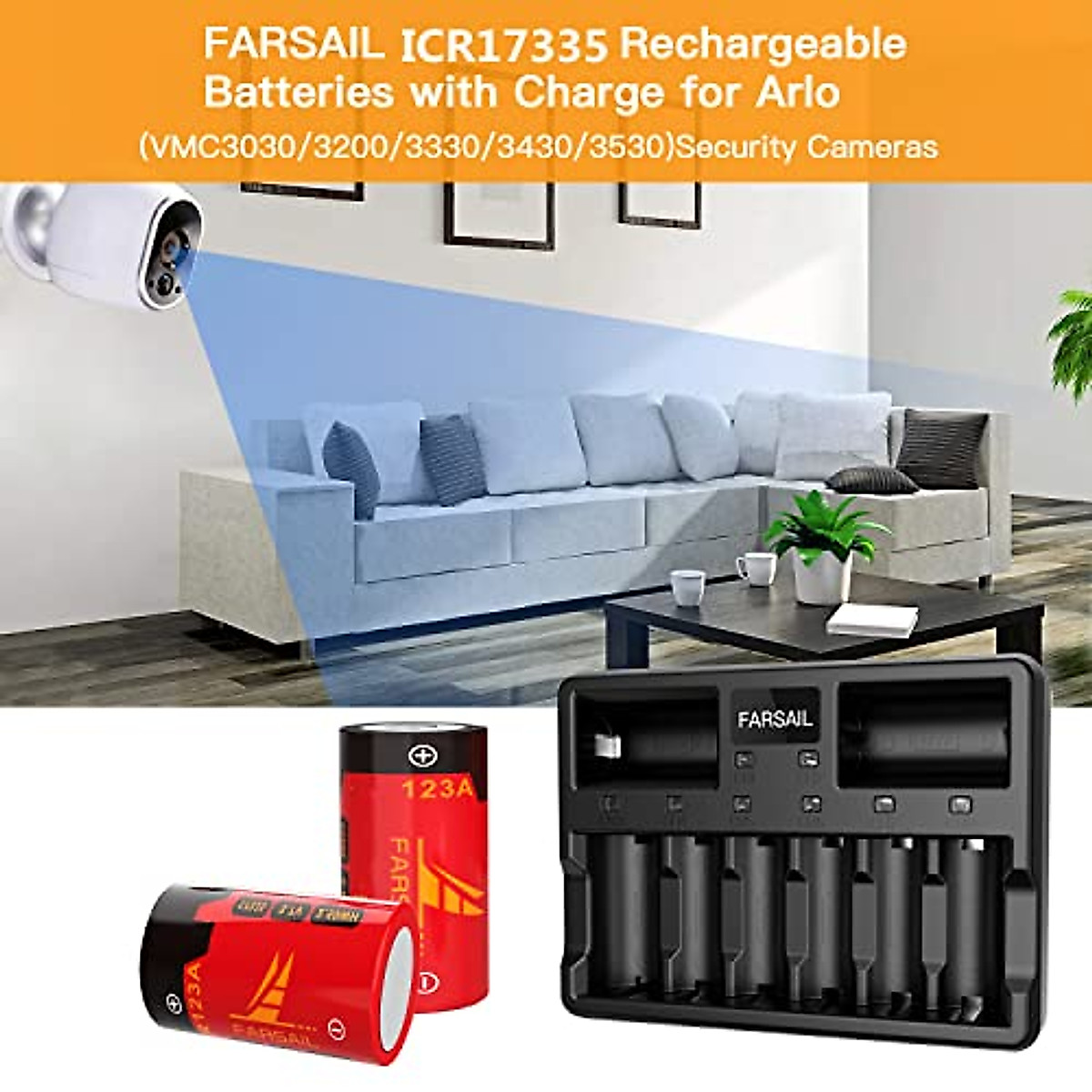 Arlo Batteries Rechargeable 8 Pack, FARSAIL 800mAH 123A NiMH Batteries and CR123A Charger for Arlo VMC3030 VMK3200 VMS3130 3230C 3430 3530 Cameras, August Pro WiFi, Flashlight