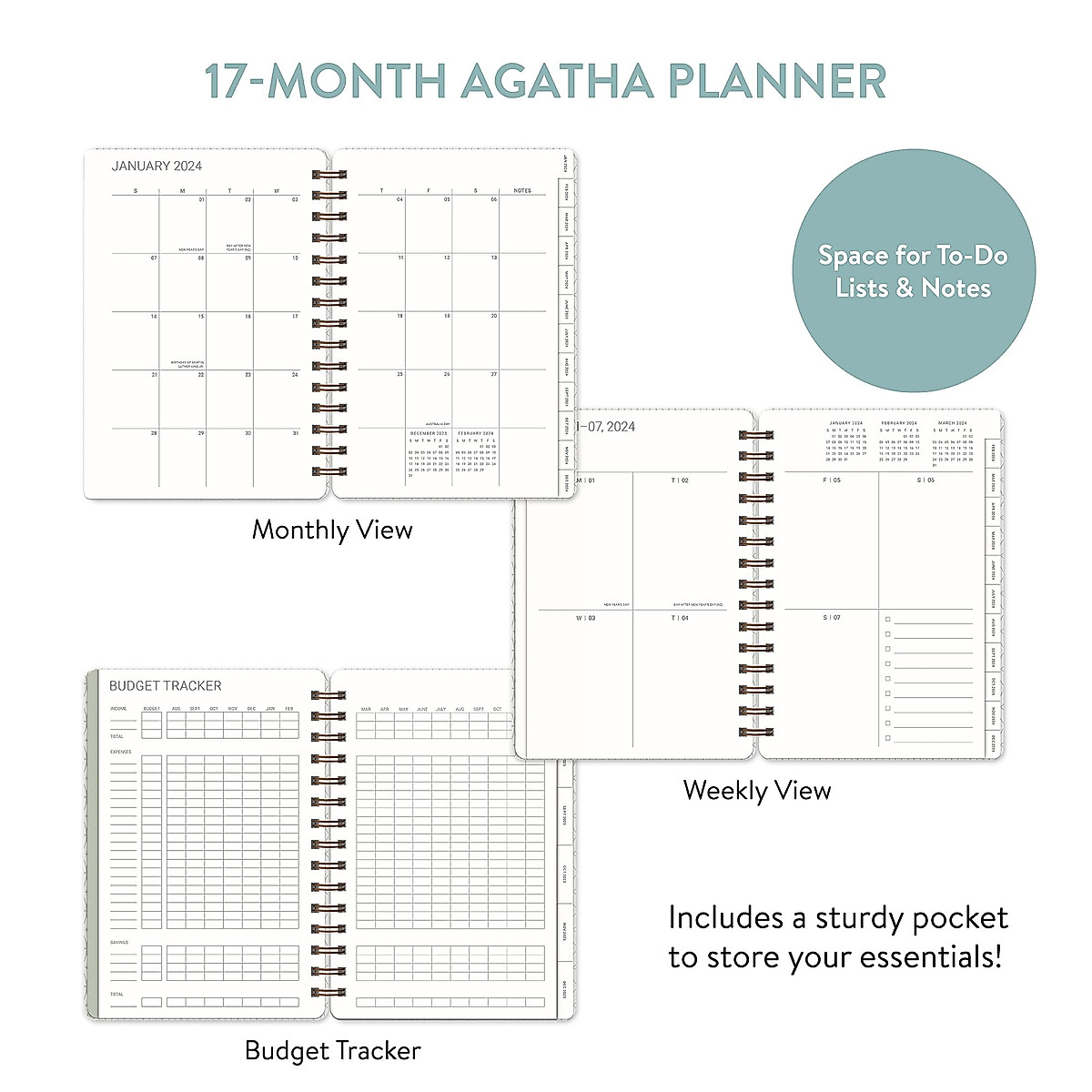 Orange Circle Studio Agatha 2024 Weekly Planner, Spiral Notebook, Weekly & Monthly Calendar Views, To Do List Notepad, Appointment, Budget & Goal Tracker, 17-Month Agenda for School/Work, Greige