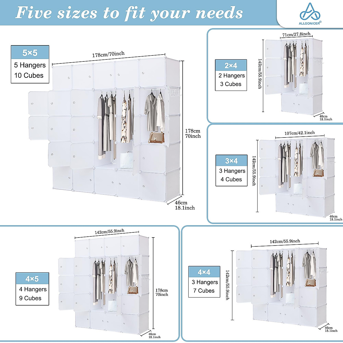 ALLGONICER DIY Assemble Wardrobe Closets, Clothes Dresser Storage Organizer,14"x18" Depth Cubes, Floor-Standing or Wall-Hanging, Sturdy and Weight Bearing with Patented Buckles. (2x4Cubes, White)