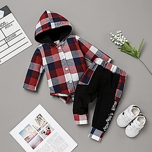 Fuermos Newborn Infant Baby Boy Clothes Plaid Button Long Sleeve Hoodies Romper+ Mama's and Boy Pants Outfits Set