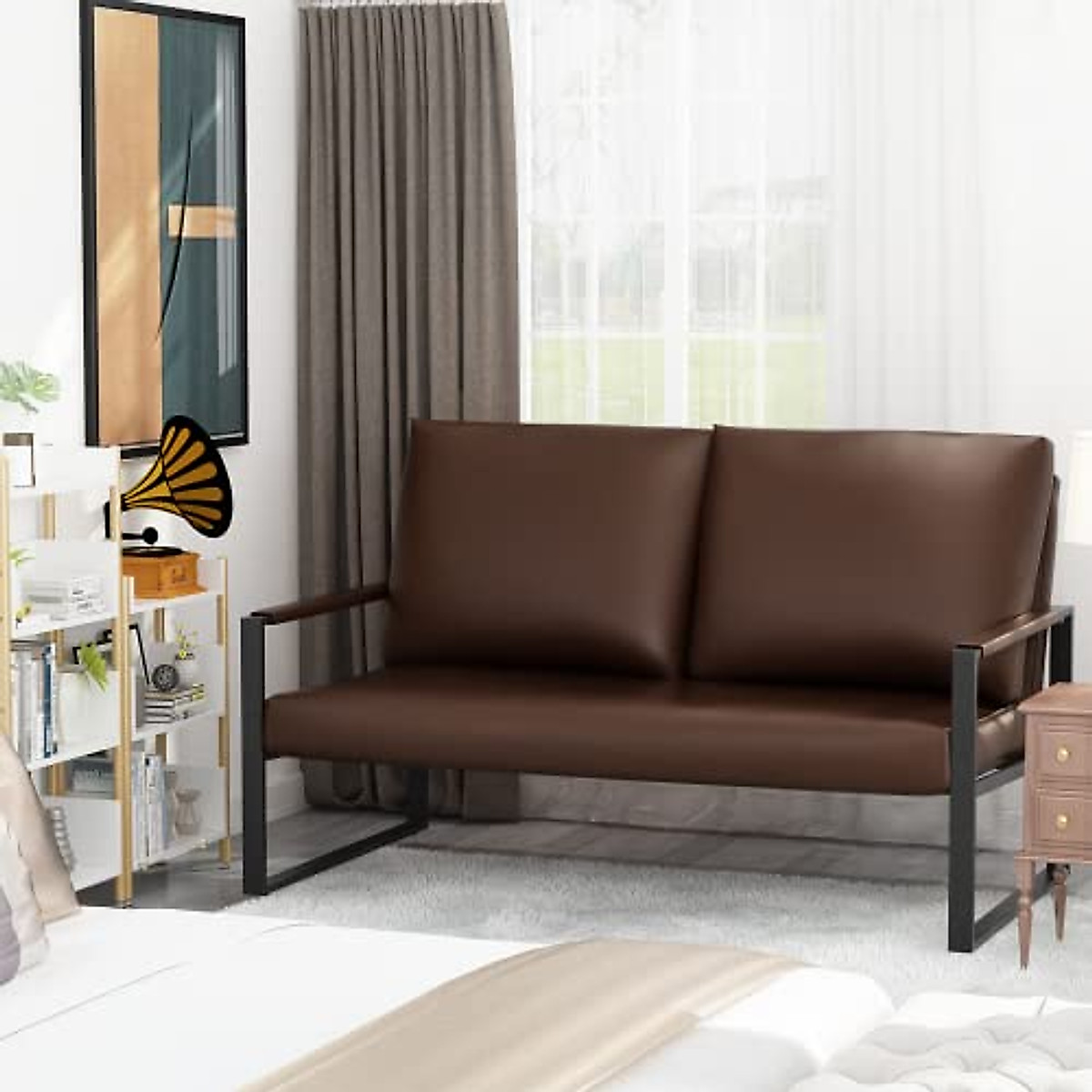 AWQM Faux Leather Loveseat Sofa, Mid-Century 2-Seat Sofa, Modern Living Room Love Seat for Small Spaces - Brown