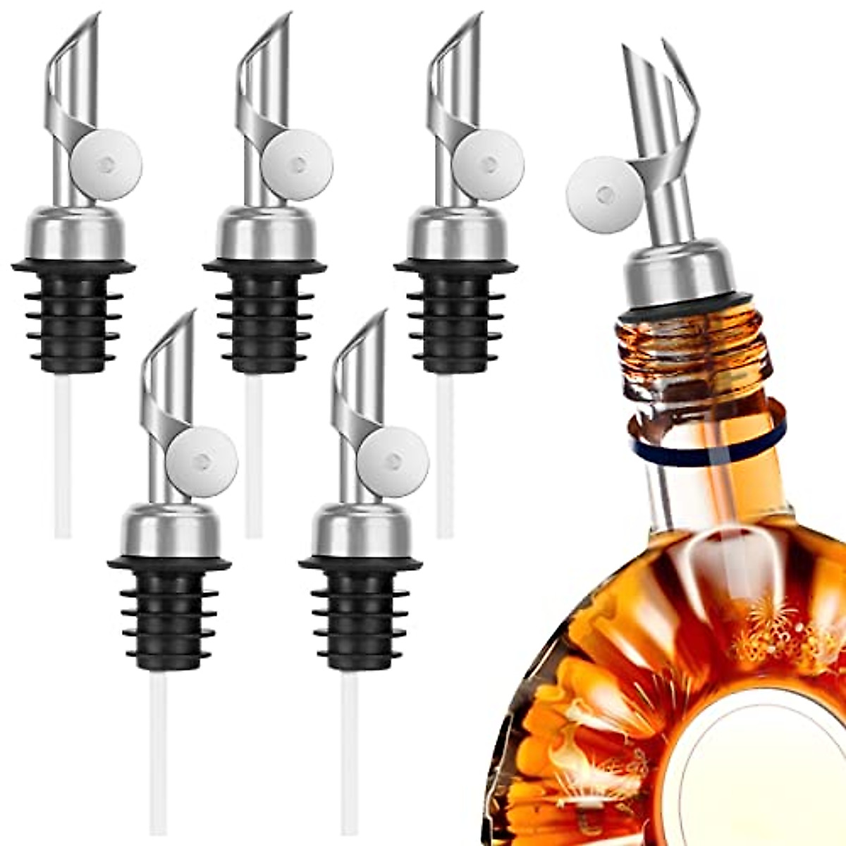 Luismia 6 PCS Liquor Bottle Pourers, Weighted Stainless Steel Pourer Spouts, Auto Flip Olive Oil Dispenser Spout, Balsamic Vinegar Pour Spouts, Alcohol Pourer Spouts, Liquor Pour Spout, Silver