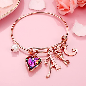 Memorjew Gifts for Women Teen Girls, Rose Gold Letter C Initial Charm Bracelets Teenage Teen Girls Gifts for Jewelry Mothers Day Valentines, Heart Bangle Flower Girl Bridesmaid Gifts for Wedding