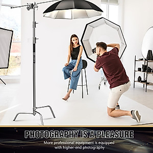 LOMTAP C Stand Light Stand Stainless Metal Photography Kit - Heavy Duty 6.8ft/210cm Vertical Pole, 2.8ft/87cm Boom Arm, Adjustable Base, Water Sandbag, 2 Grip Heads, 3 Clips for Softbox, Reflector