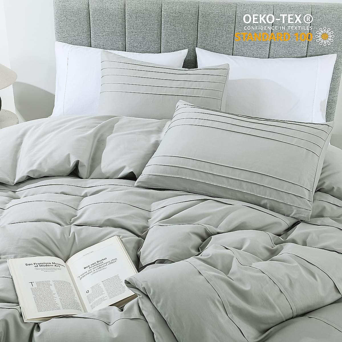 PERHOM Duvet Cover King Size - 100% Cotton Textured Pleated Duvet Cover Set, 3 Pieces Soft Breathable Boho Shabby Chic Bedding Duvet Covers for All Season, Gray, 104"x90", No Comforter