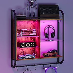 Sttoraboks Gaming Floating Shelves Glass Holder LED Wall Mounted Shelf with Adjustable Acrylic Pipe Shelving Modern Display Storage Rack Bookshelf with 6 S-Hooks for Living Room Wine Coffee Bar Décor