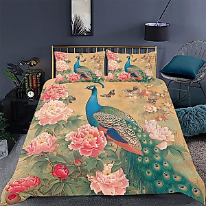CCoutueChen Retro Pink Floral Duvet Cover Green Peacock Bedding Set Queen Size Elegant Butterflies Botanical Flowers Leaves Bed Set Peacock Bird Pattern Comforter Cover for Adult Women Girls Decor
